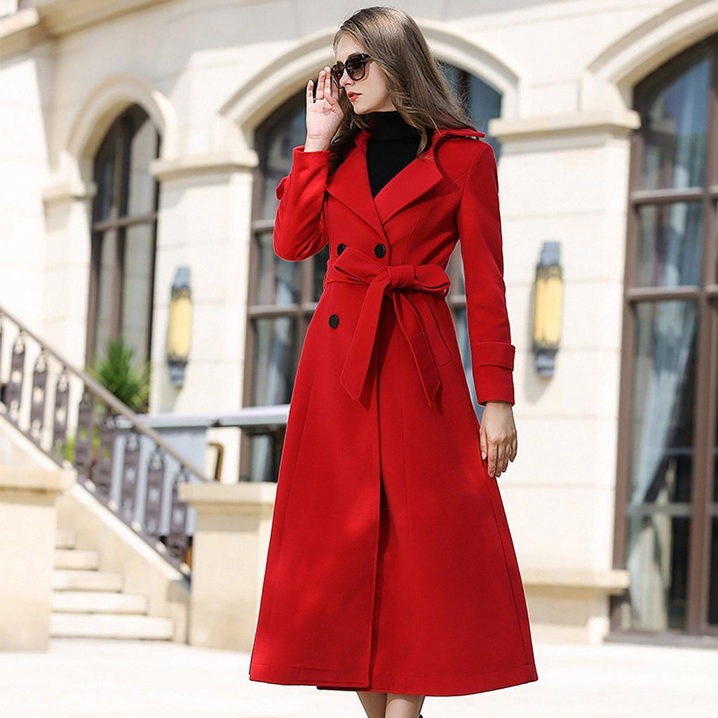 Red Double Breasted Belted Long Wool Blend Coat – Vivian Seven