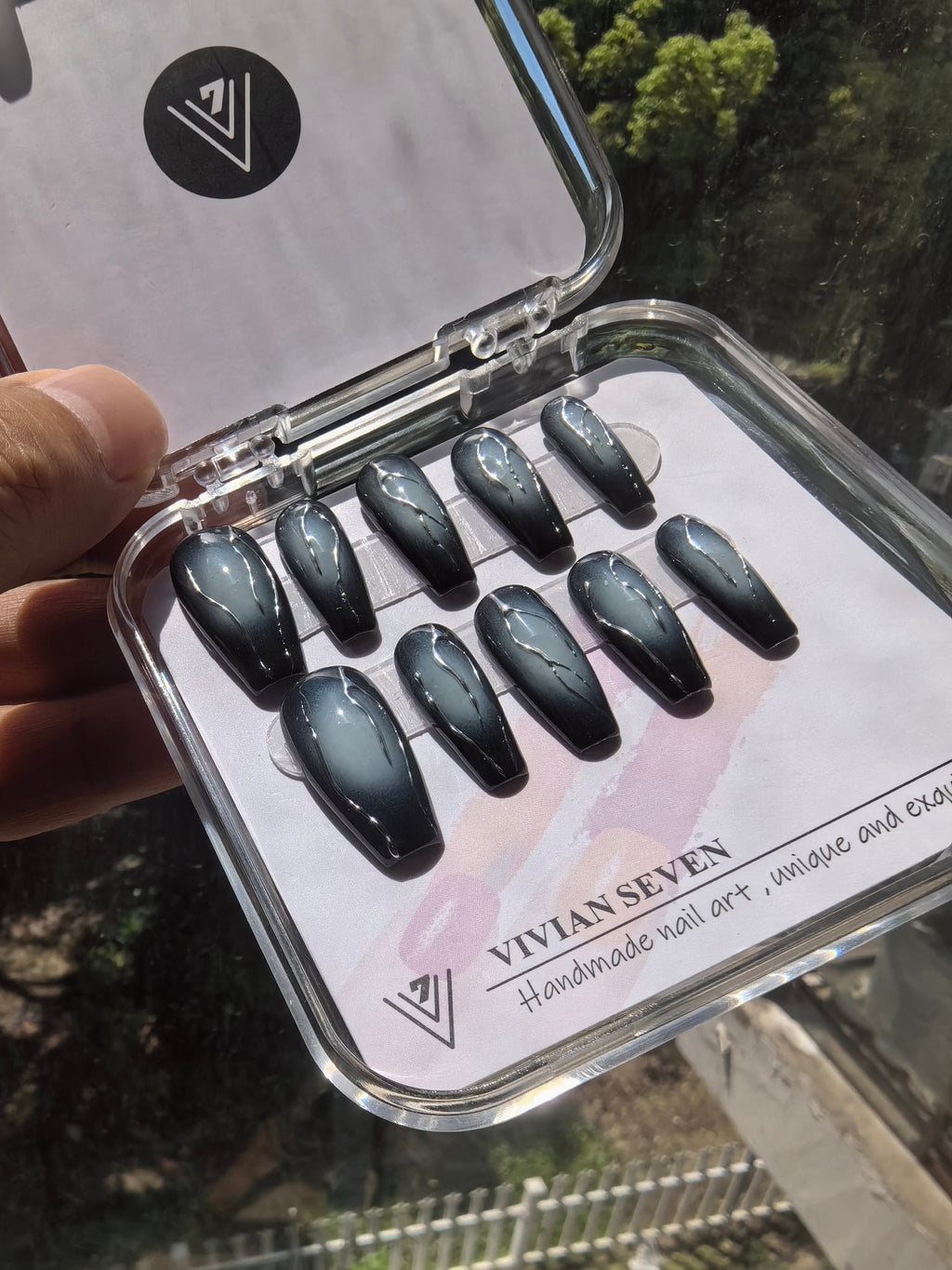 Glittered Hand Painted Acrylic Glaring Metal Grey Coffin Fake Press-on ...