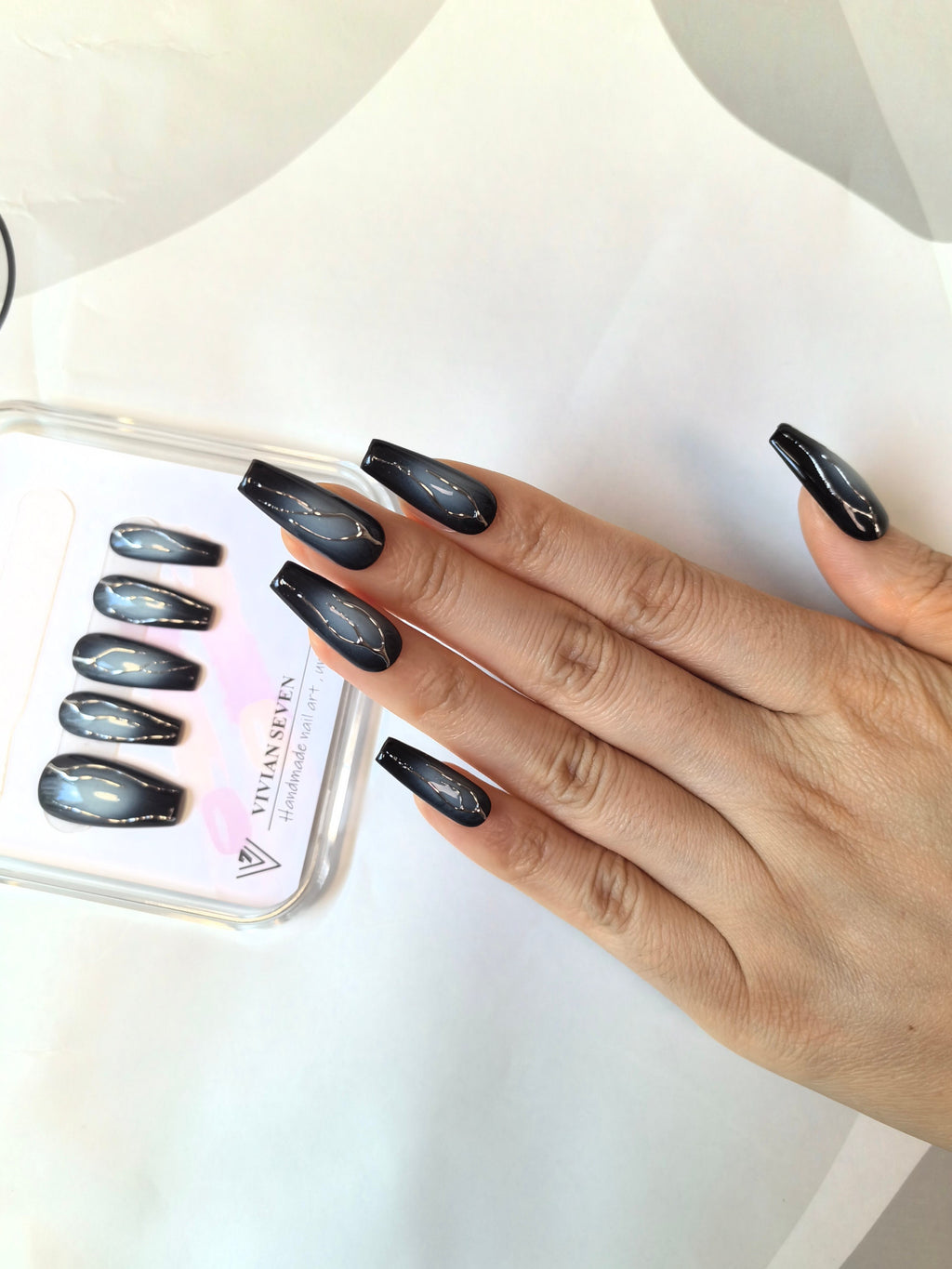 Glittered Hand Painted Acrylic Metal Gray Coffin Fake Press-on Nails ...