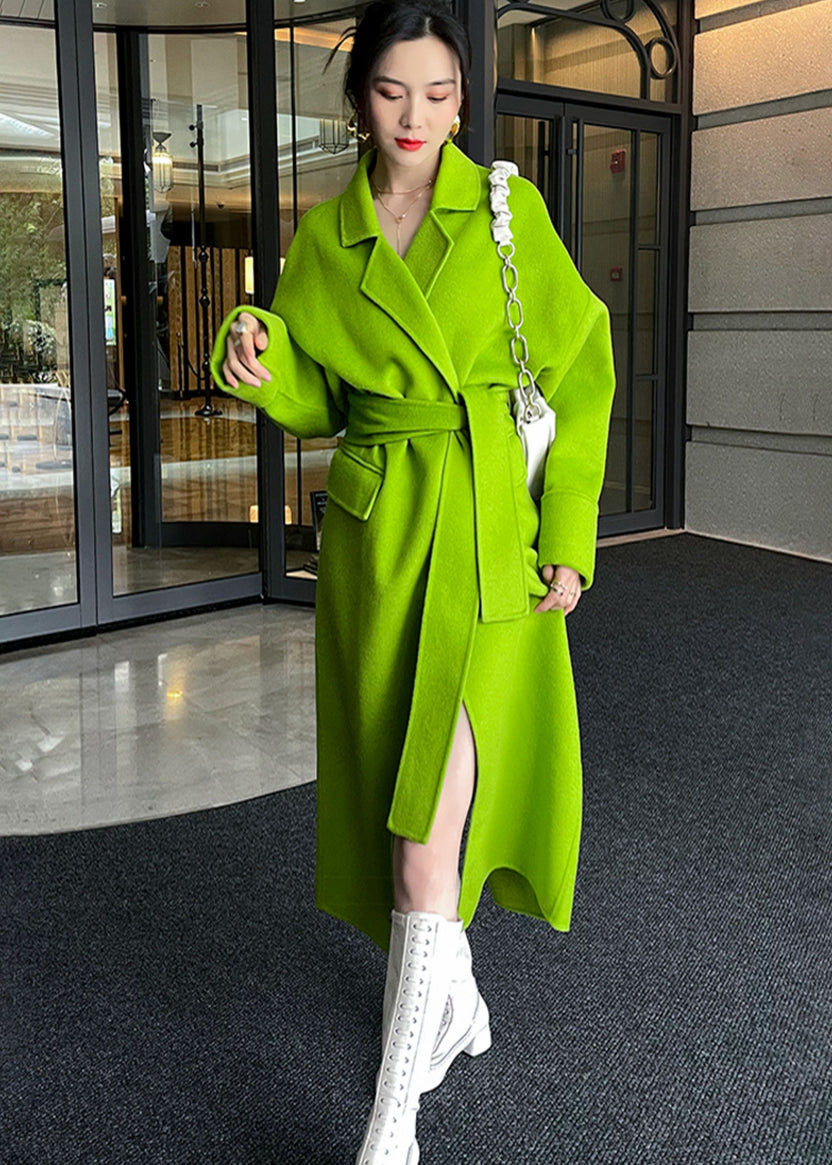 Bright Green Belted Wool Wrap Long Coat – Vivian Seven