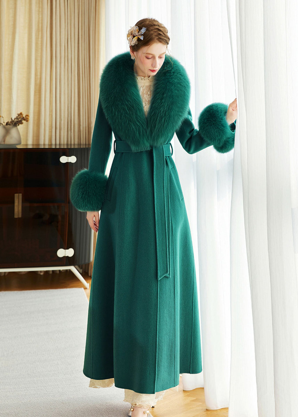 Green Fox Fur Collar Wool Cashmere Belted Long Coat – Vivian Seven