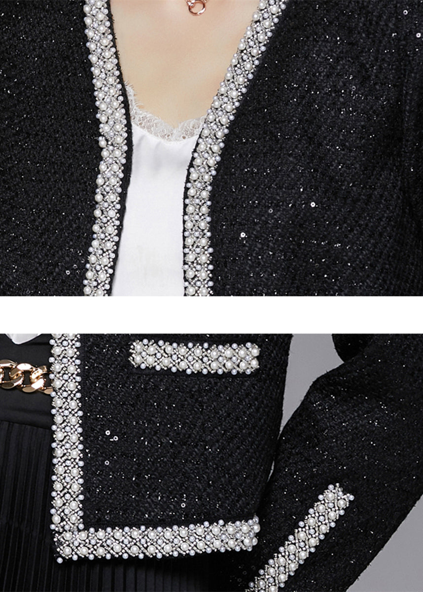 Black Beaded Trim Sequin Short Tweed Jacket – Vivian Seven