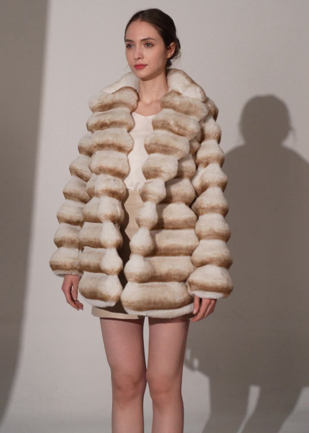 Colorblock Ivory Brown Striped Faux Fur Coat | Handmade – Vivian Seven