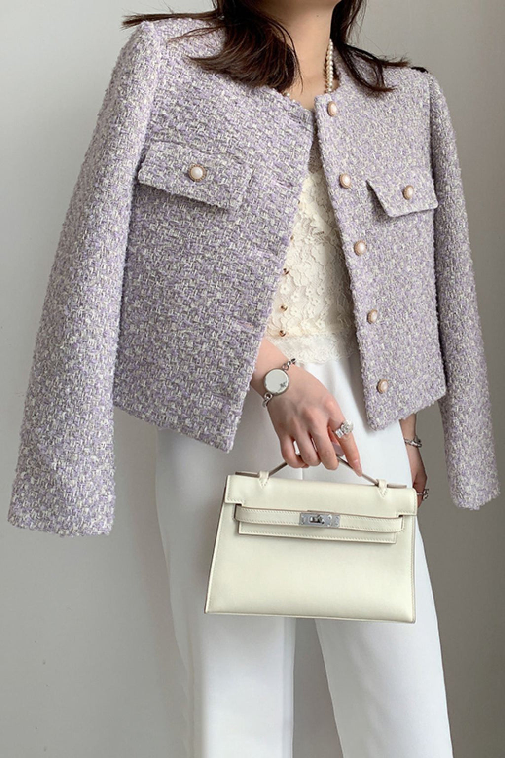 Light Purple Single Breasted Jewel Neck Wool Blend Short Jacket ...