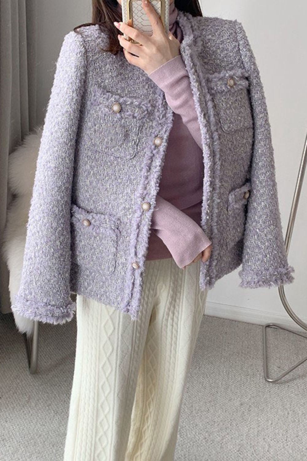 Light Purple Wool Blend Tweed Short Pocket Jacket – Vivian Seven