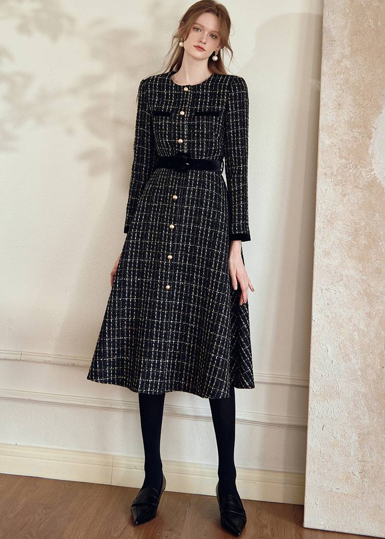 Shirley Black Long Sleeve Plaid Tweed Midi Dress | Handmade – Vivian Seven