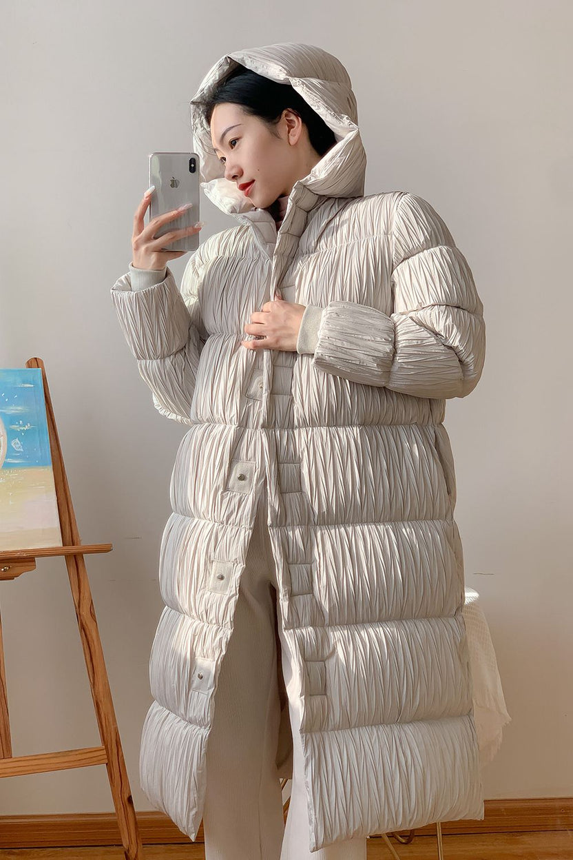 Hooded Pleated Long Down Puffer Coat | Winter Overcoat – Vivian Seven