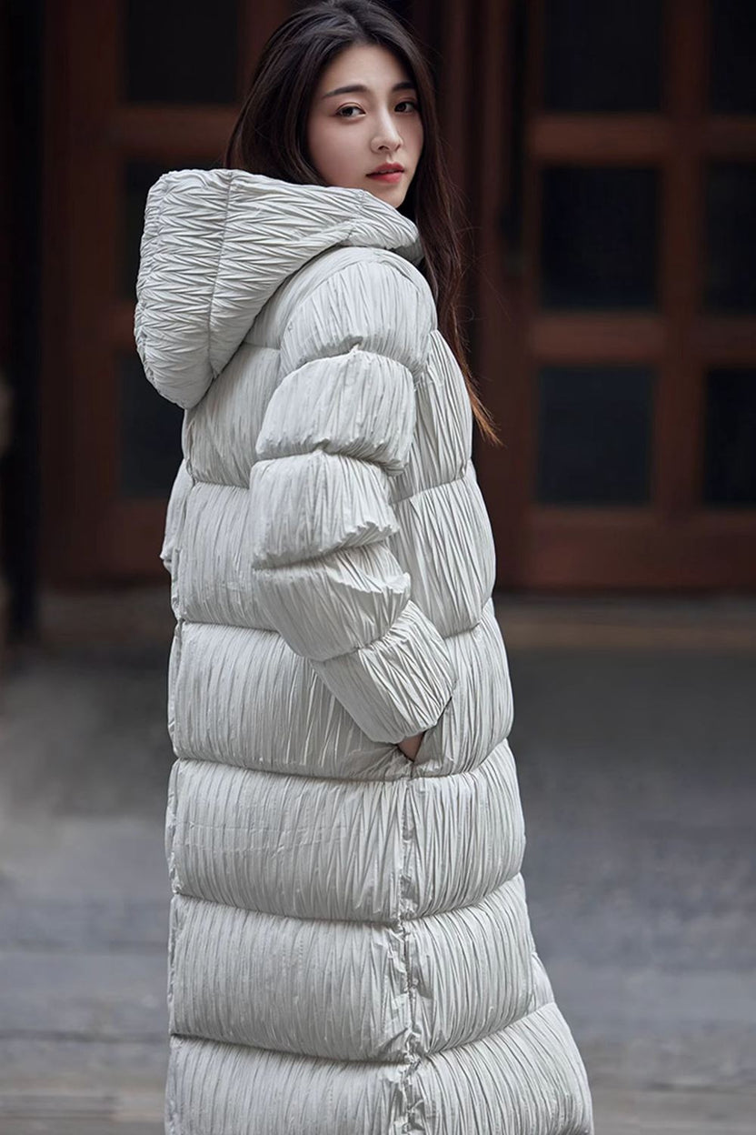 Hooded Pleated Long Down Puffer Coat | Winter Overcoat – Vivian Seven