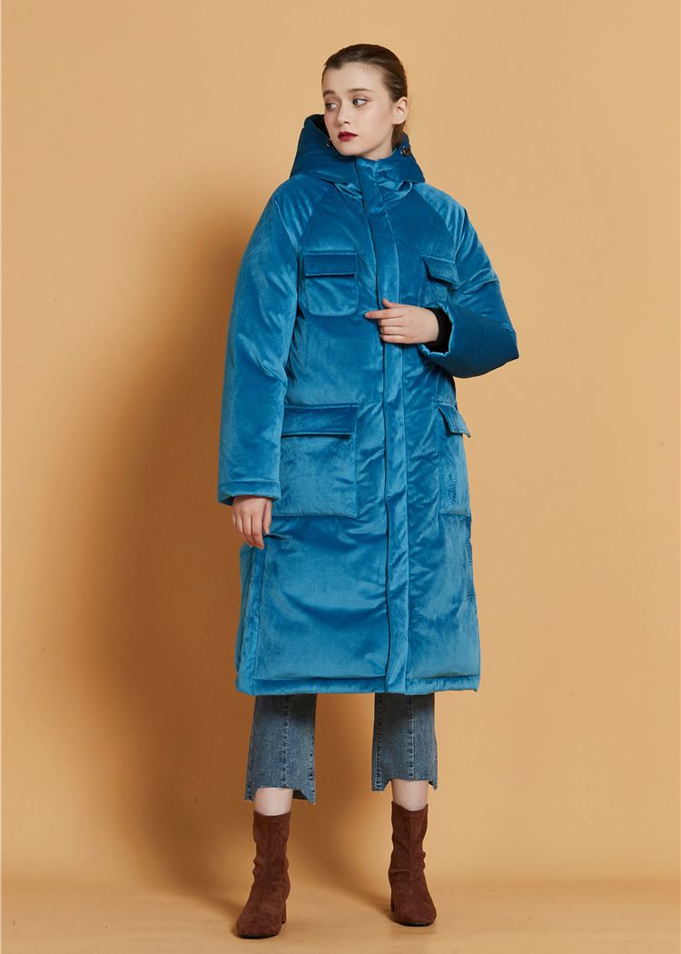 Teal Blue Velvet Hooded Goose Down Puffer Long Overcoat – Vivian Seven