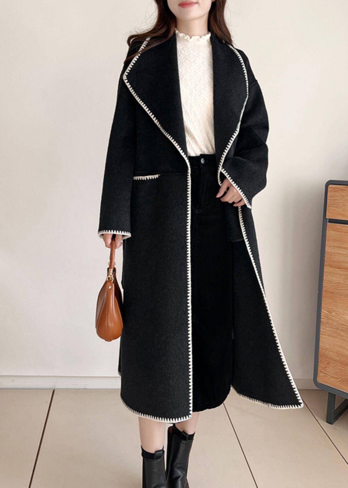 Toothhed Hem Wool Blend Belted Long Coat