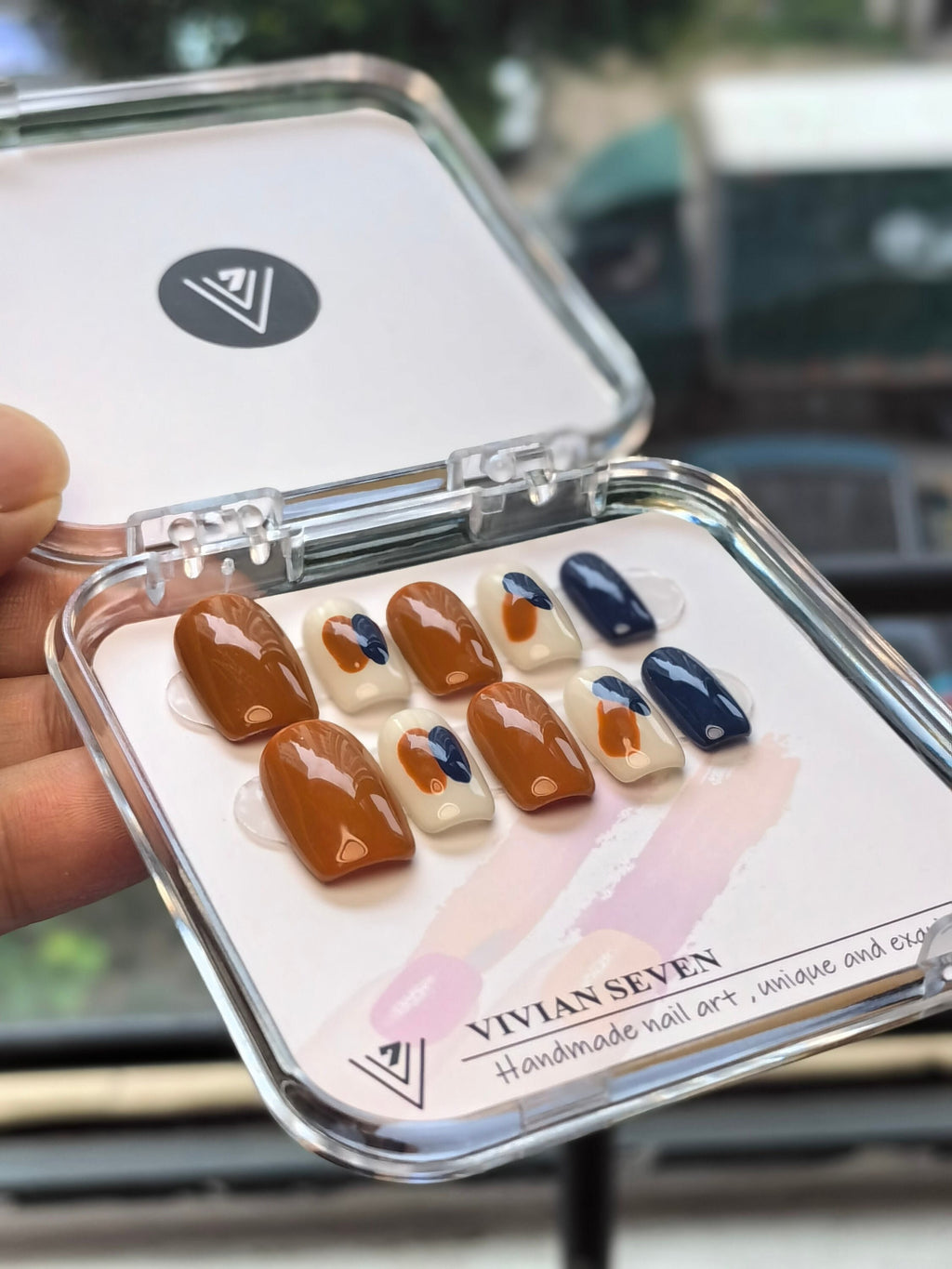 Fancy Hand Painted Navy Blue Chestnut Square Faux Press-on Nails ...