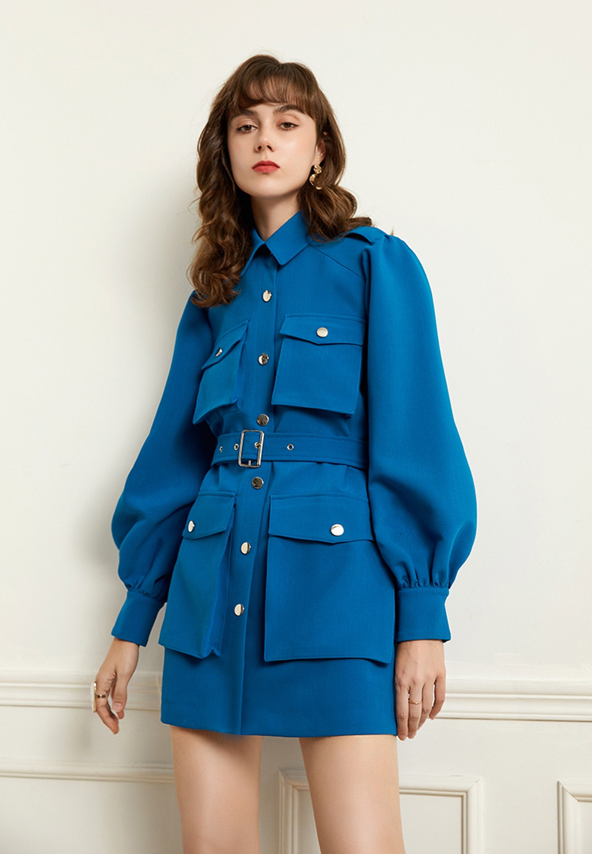 Blue Epaulet Belted Pocket Puff Sleeve Jacket | Vivian Seven
