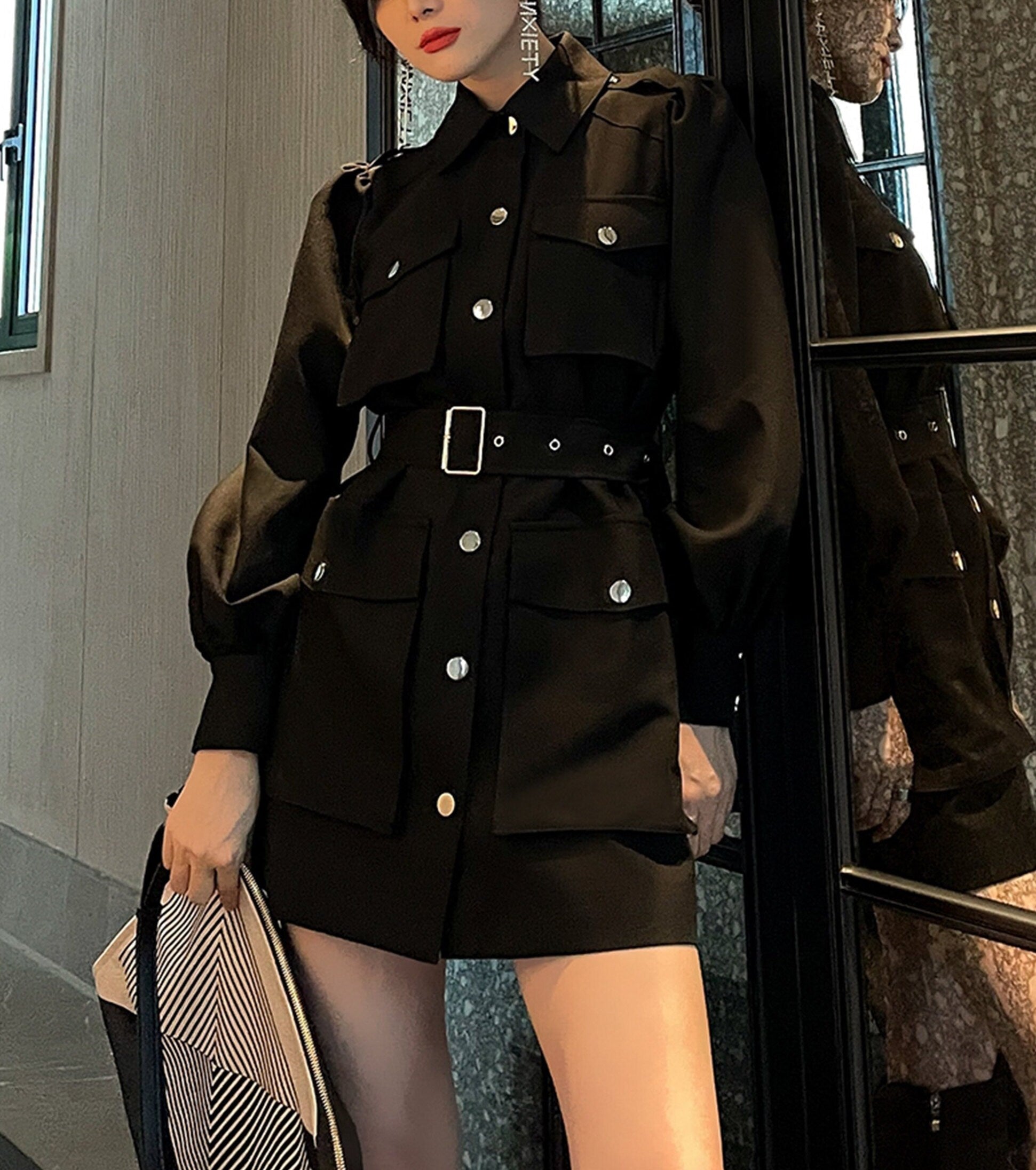Blue Epaulet Belted Pocket Puff Sleeve Jacket | Vivian Seven