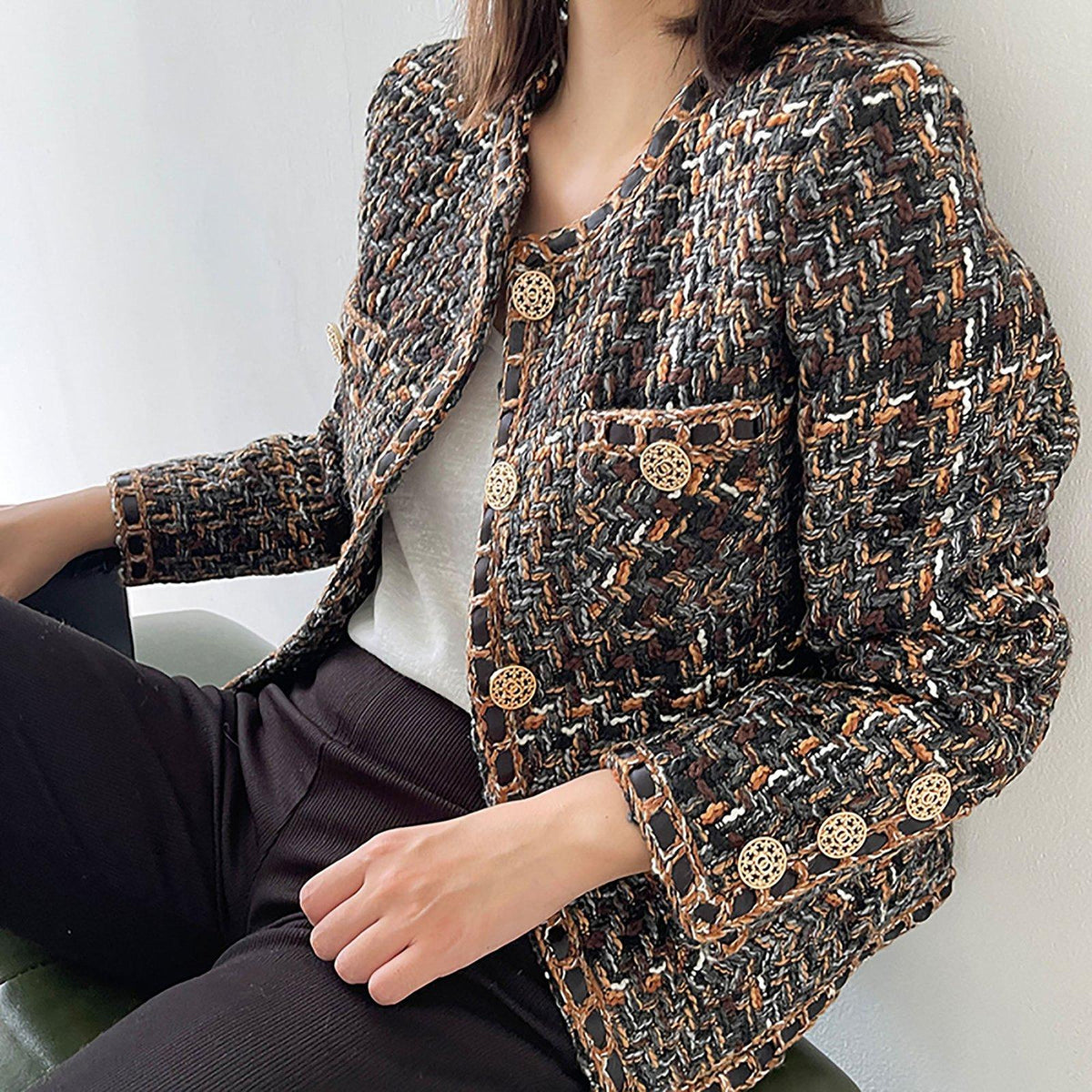 Jewel neck Tweed Short Jacket | Handmade – Vivian Seven
