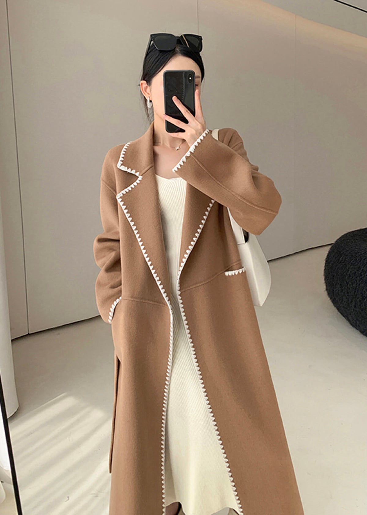 Toothhed Hem Wool Blend Belted Long Coat – Vivian Seven
