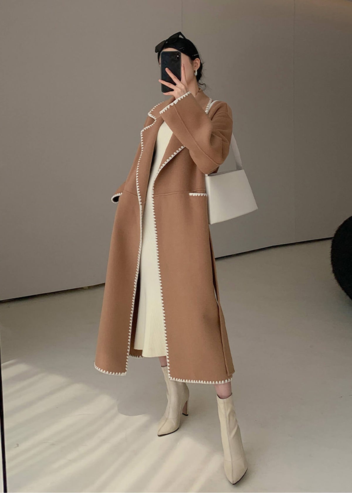 Toothhed Hem Wool Blend Belted Long Coat – Vivian Seven