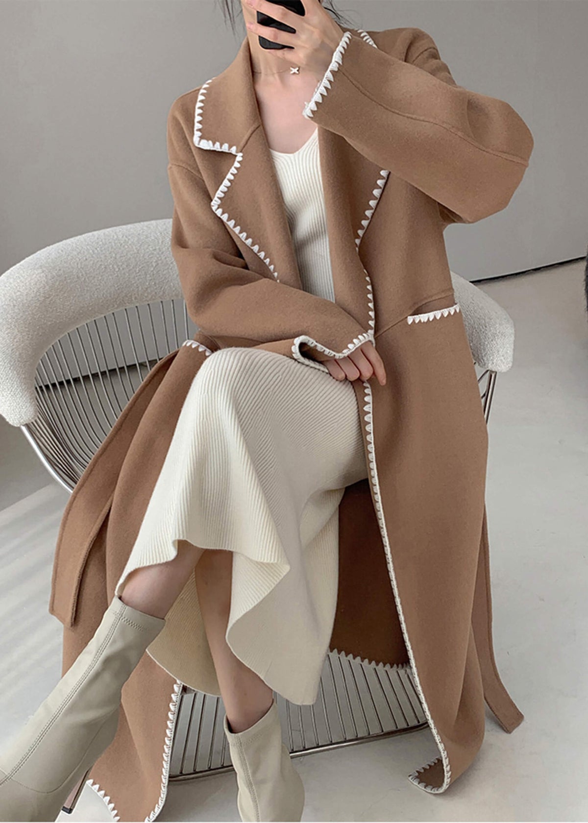 Toothhed Hem Wool Blend Belted Long Coat – Vivian Seven