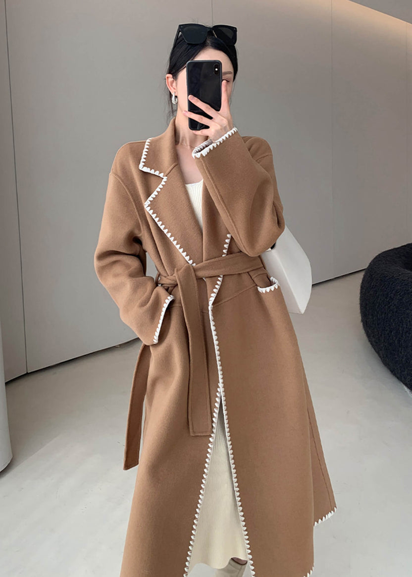 Toothhed Hem Wool Blend Belted Long Coat – Vivian Seven
