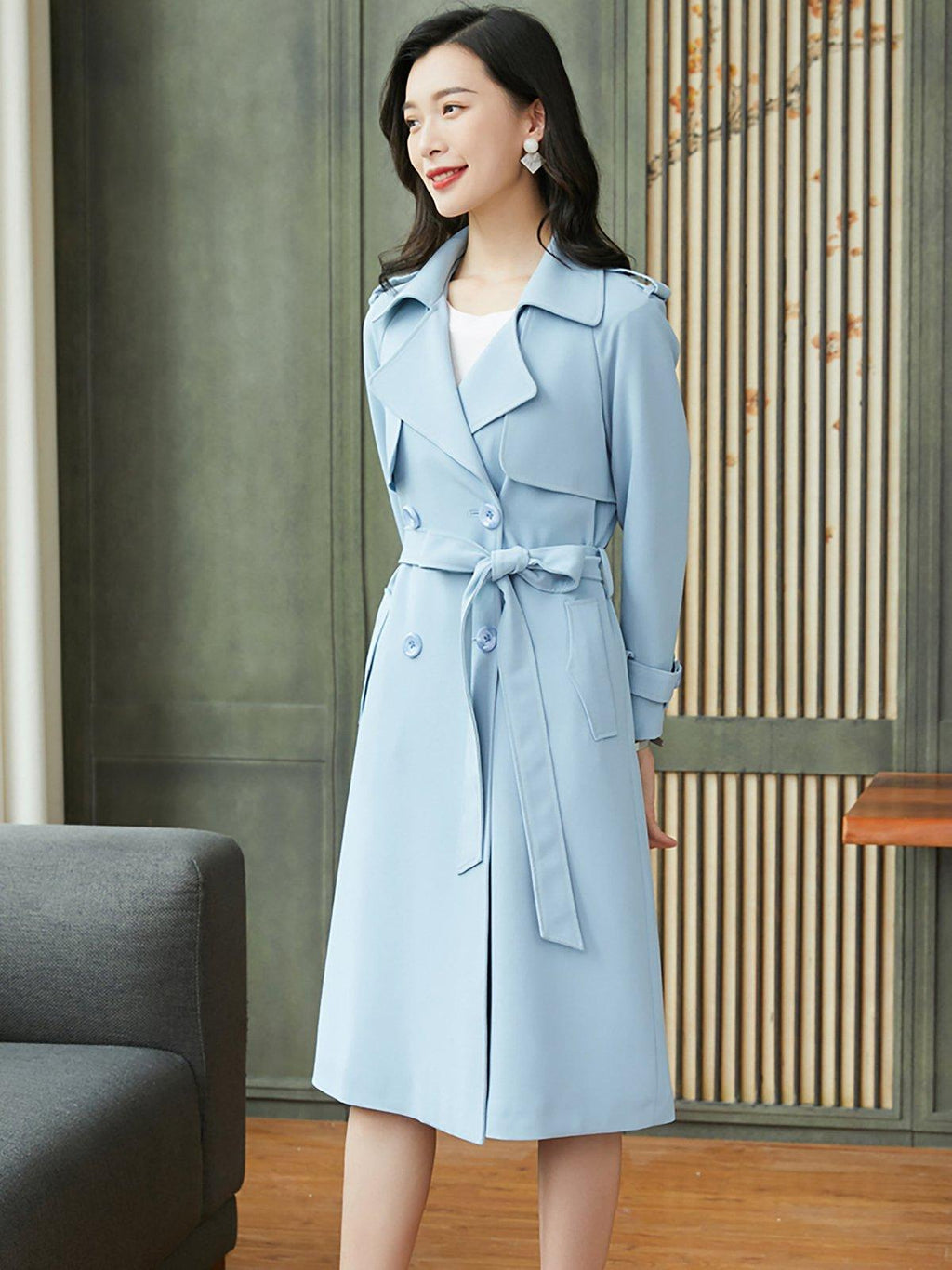 Women's Light Blue Epaulet Double Breasted Trench Coat – Vivian Seven