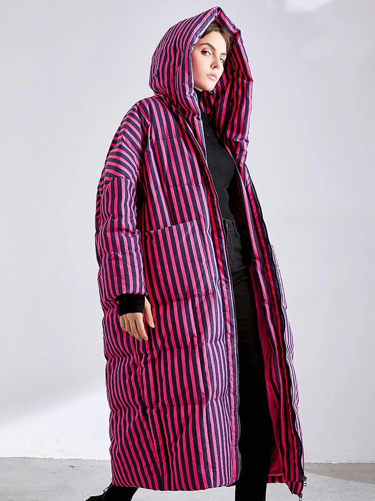 Striped Hooded Down Feather Puffer Long Coat | Vivian Seven