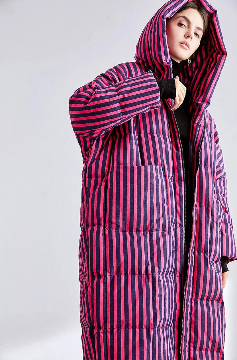 Striped Hooded Down Feather Puffer Long Coat | Vivian Seven
