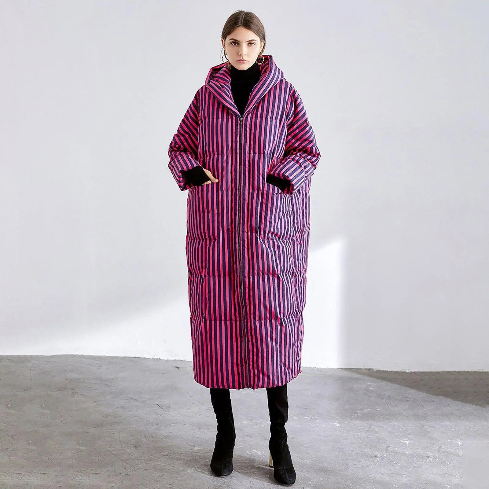 Home › Jodie Striped Hooded Down Feather Puffer Midi Long Coat