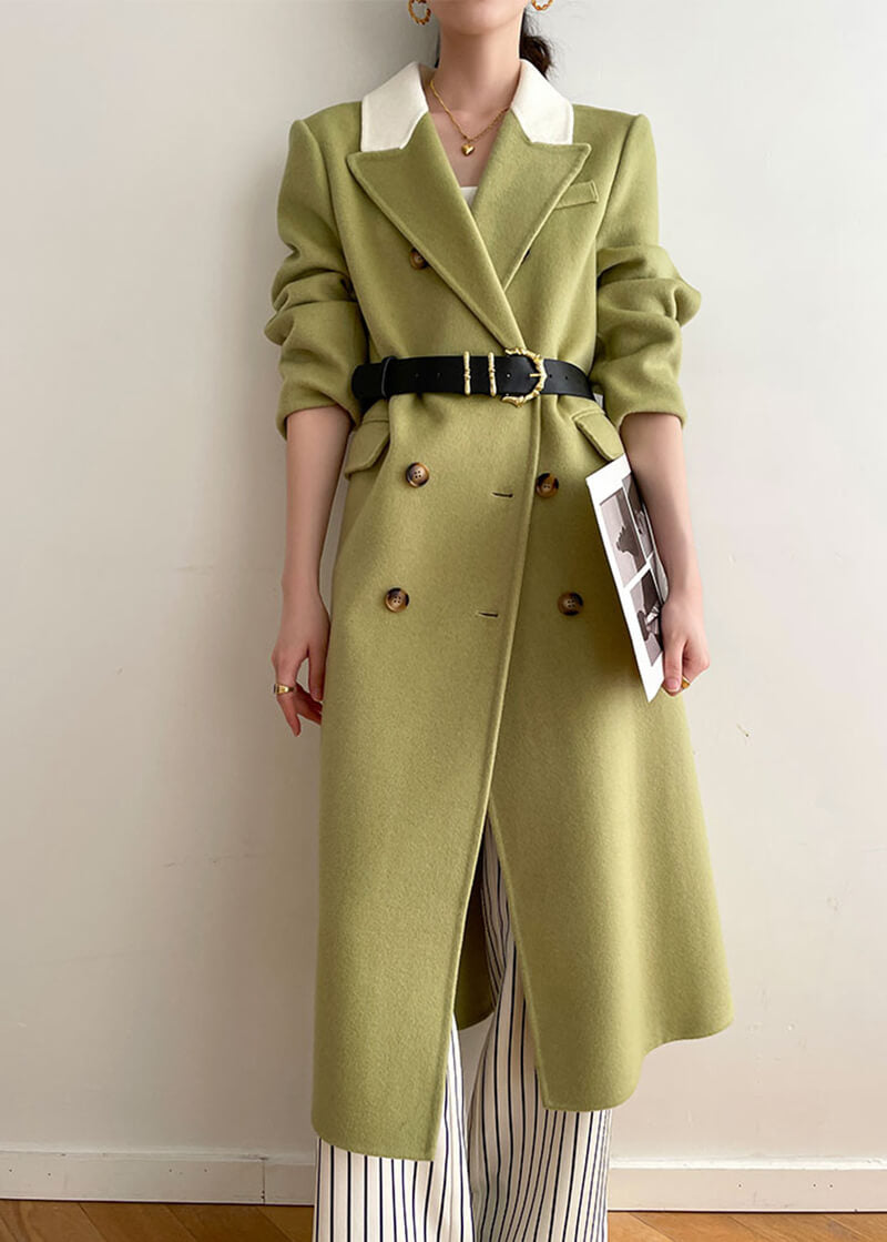 Colorblock Trim Double Face Wool Long Coat | Vivian Seven