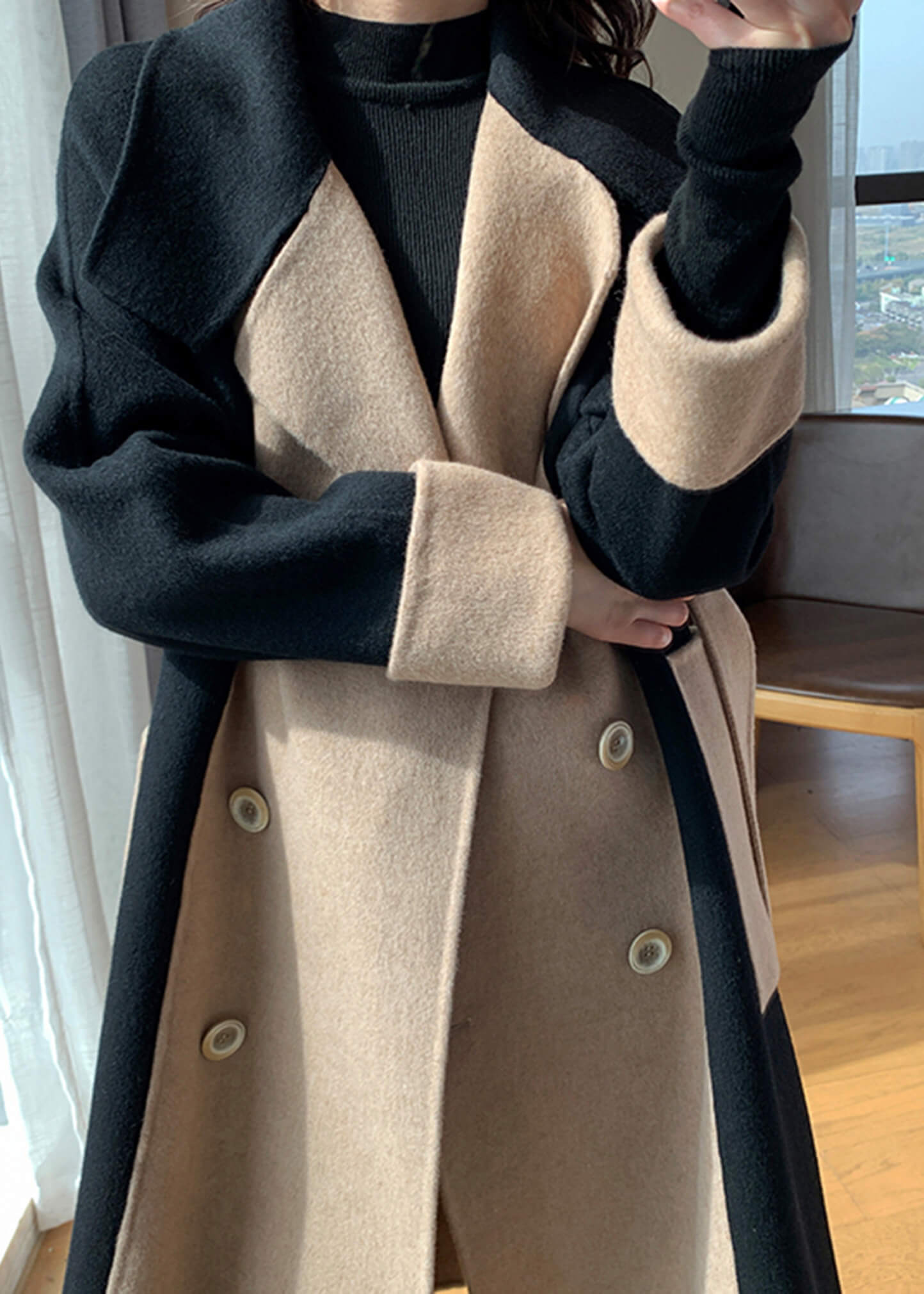 Color Block Double Face Long Wool Coat | Vivian Seven