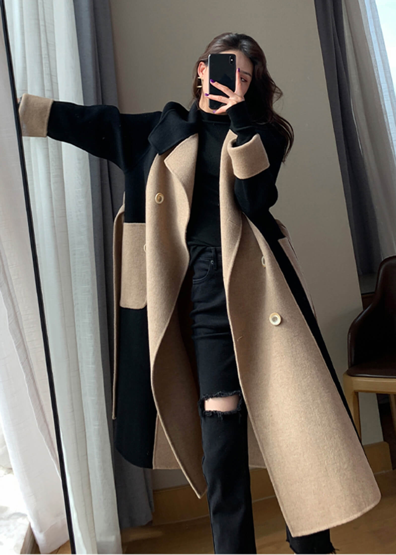 Color Block Double Face Long Wool Coat | Vivian Seven