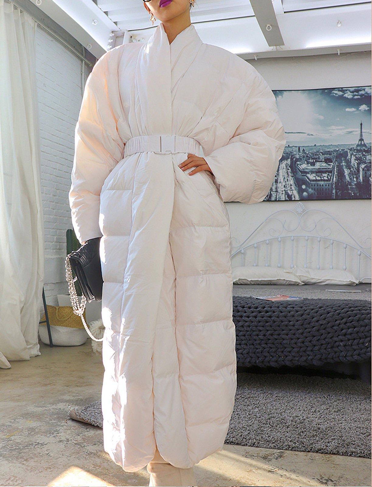 Shawl Collar Belted Wrap Maxi Puffer Down Coat – Vivian Seven