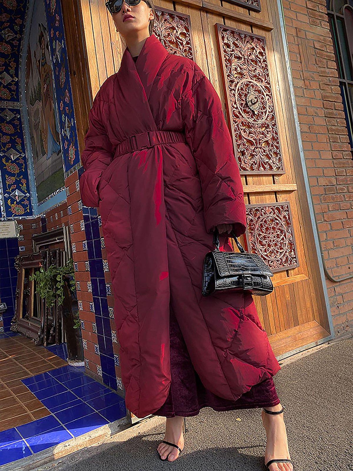Shawl Collar Belted Wrap Maxi Puffer Down Coat – Vivian Seven
