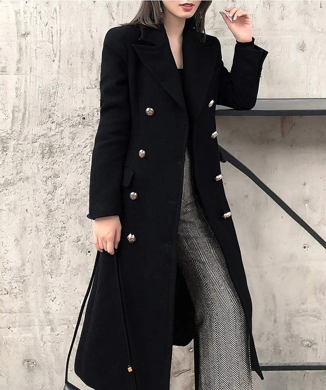 Black Double Breasted Slim Waist Wool Blend Long Coat – Vivian Seven