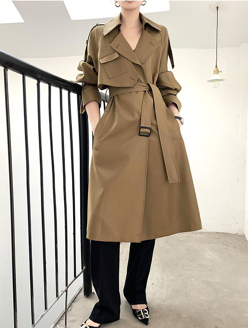 Khaki Epaulet Gun Flap Belted Long Trench Coat – Vivian Seven