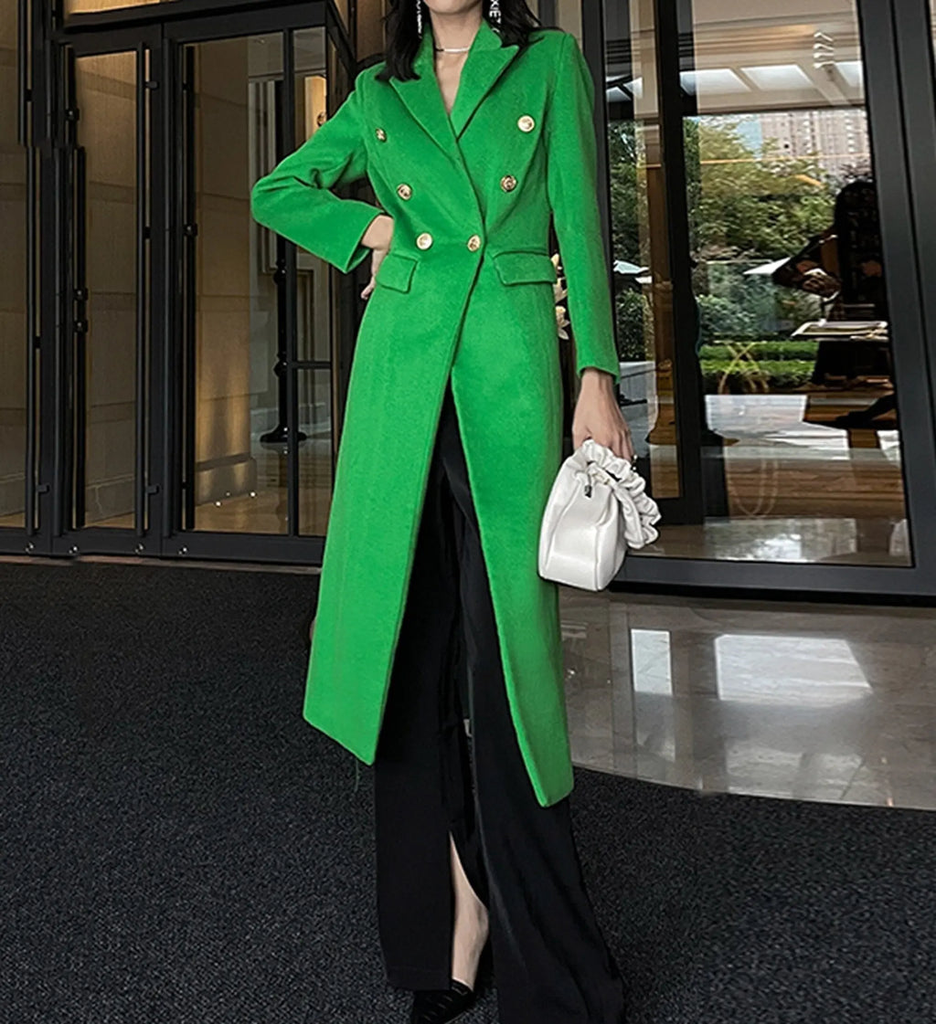 Bright Green Double Breasted Slim Wool Blend Long Coat – Vivian Seven